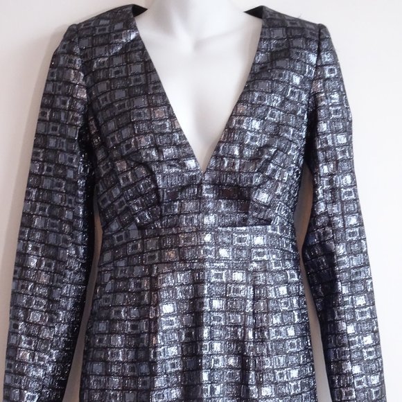 Ramy Brook Dresses Ramy Brook Metallic Box Knit Jacquard Plunge V